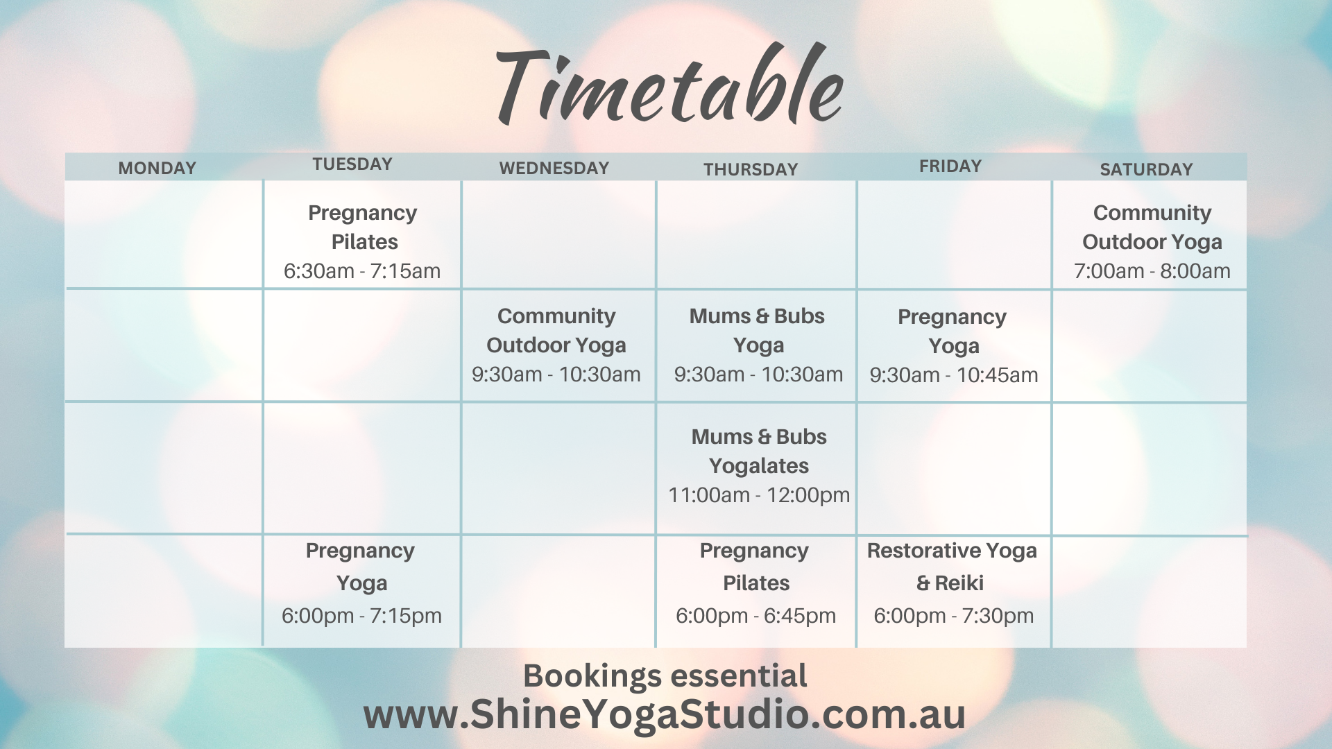 Timetable - Shine Yoga