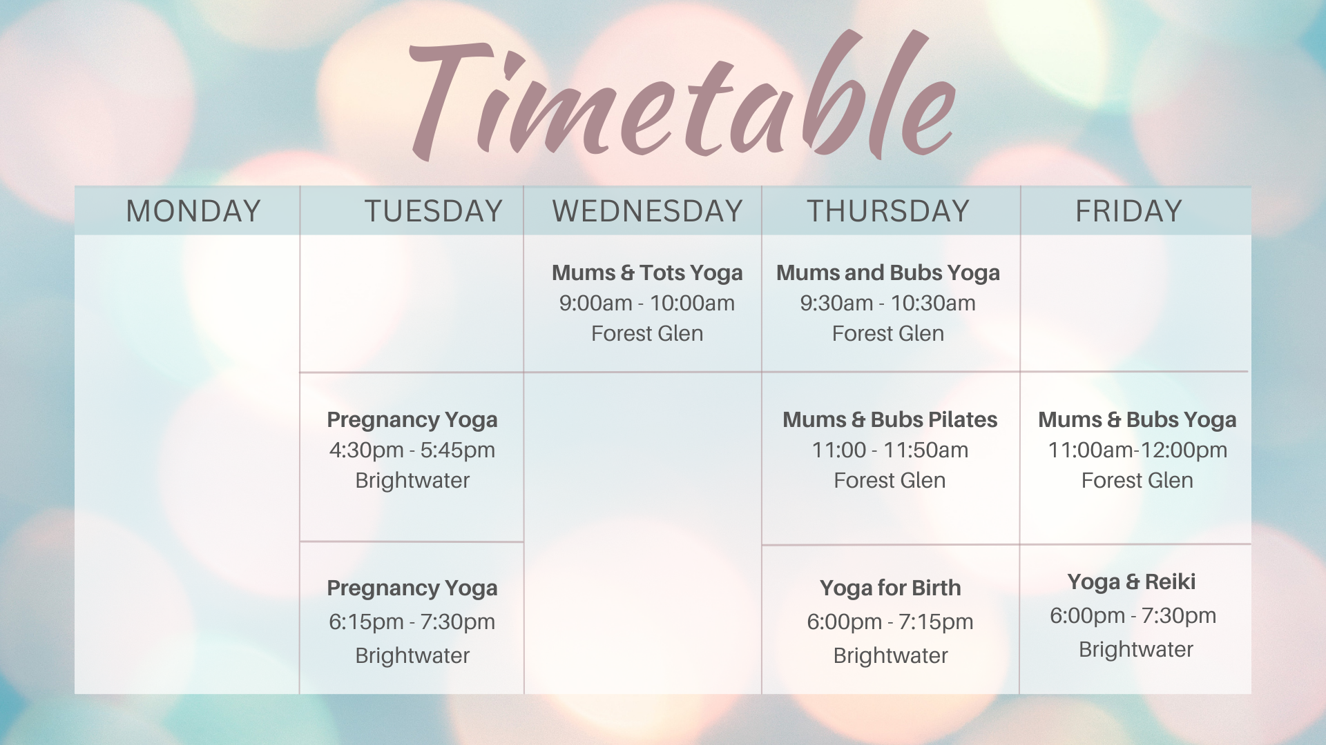 Timetable - Shine Yoga